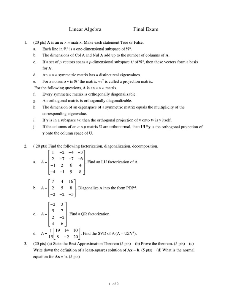 Sample Final 1 PDF | PDF | Eigenvalues And Eigenvectors | Matrix (Mathematics)