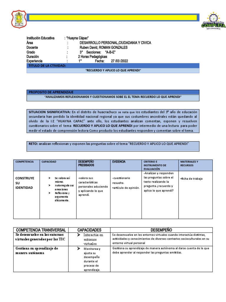 Sesion 27-03-2023-Dpcc-Recuerdo y Aplico Lo Que Aprendi. | PDF | Aprendizaje | Enseñando