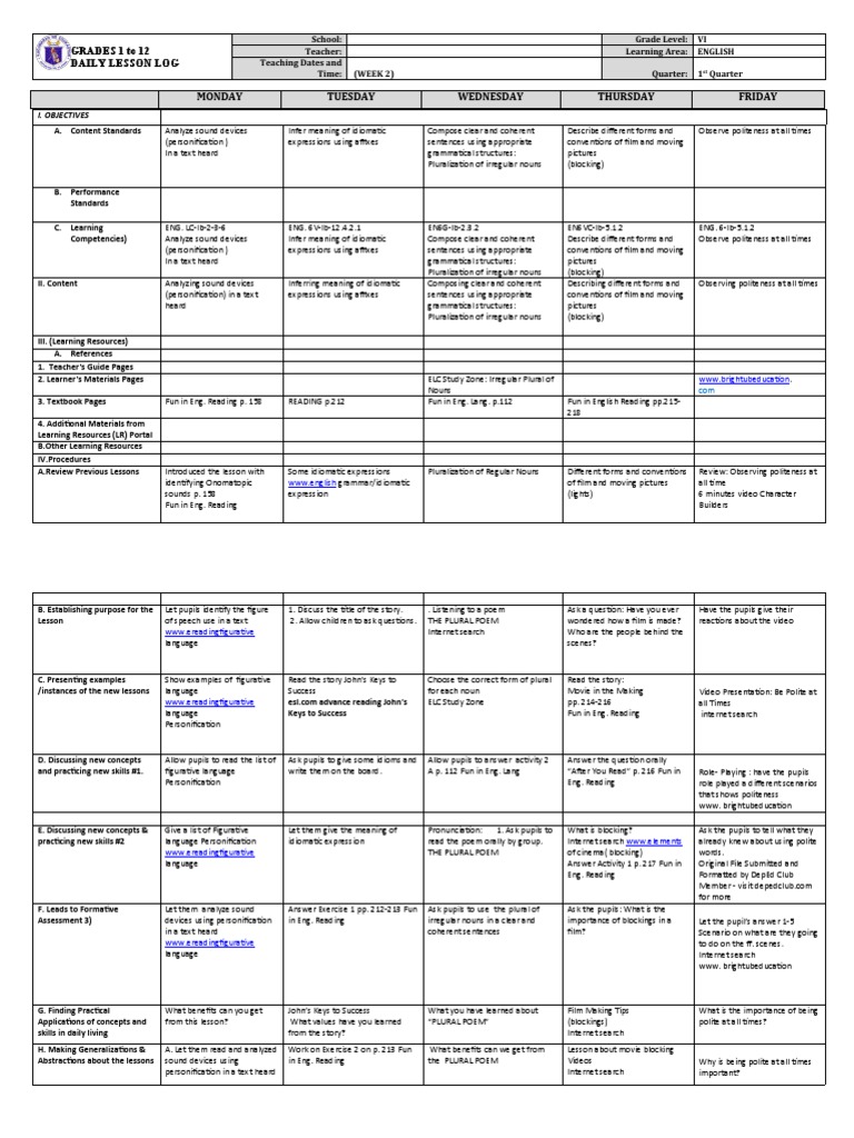 Daily English Lesson Plan for Grade 6 Focusing on Analyzing Literary ...