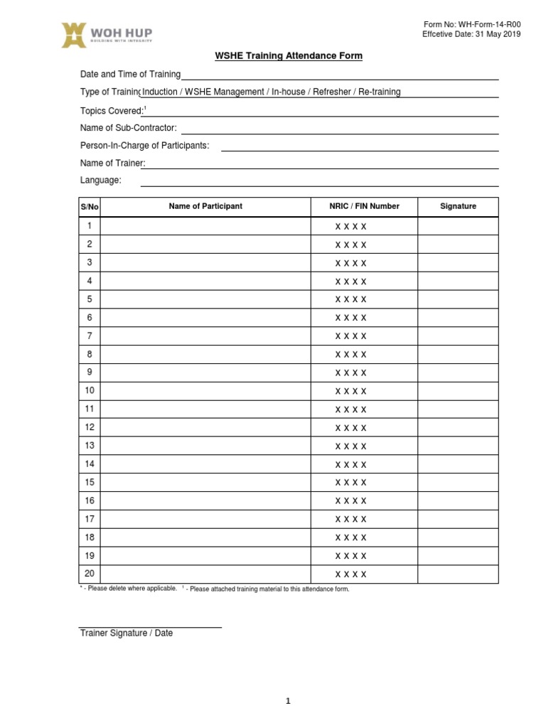 WSHE Training Attendance Form | PDF
