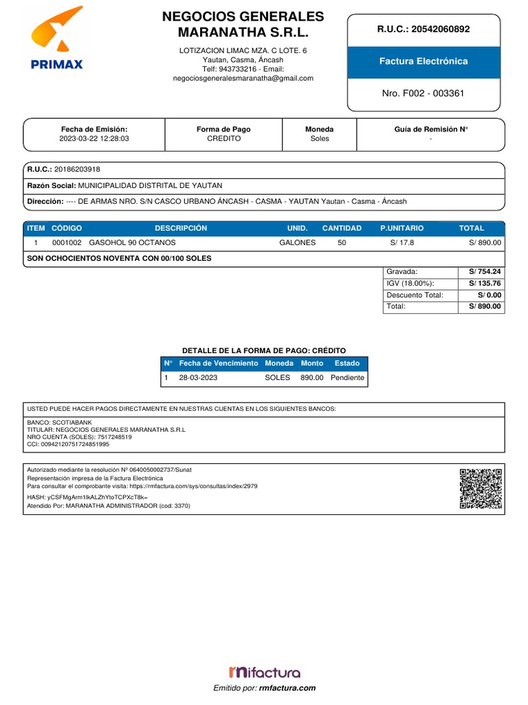 Nro. F002 - 003361: Factura Electrónica | PDF | Servicios financieros ...
