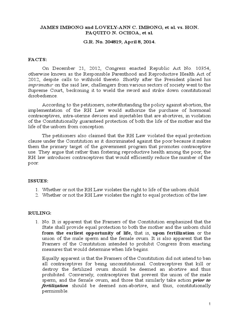 Imbong v. Ochoa | PDF | Equal Protection Clause | Birth Control