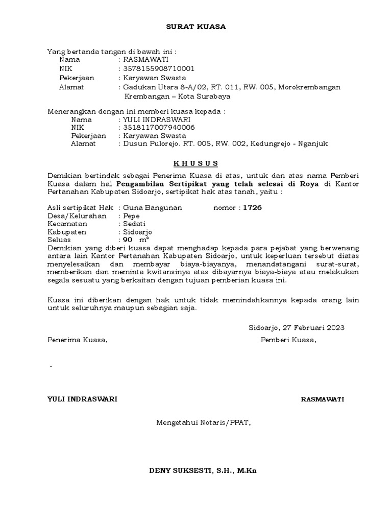 Surat Kuasa KHUSUS Dibawah Tangan Pengambilan SHM | PDF