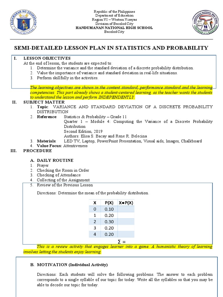 Lesson-Plan Statistics 3 With Annotation | PDF | Variance | Standard ...