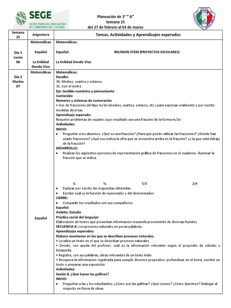 Planificación semanal de actividades para el tercer grado "A | PDF ...