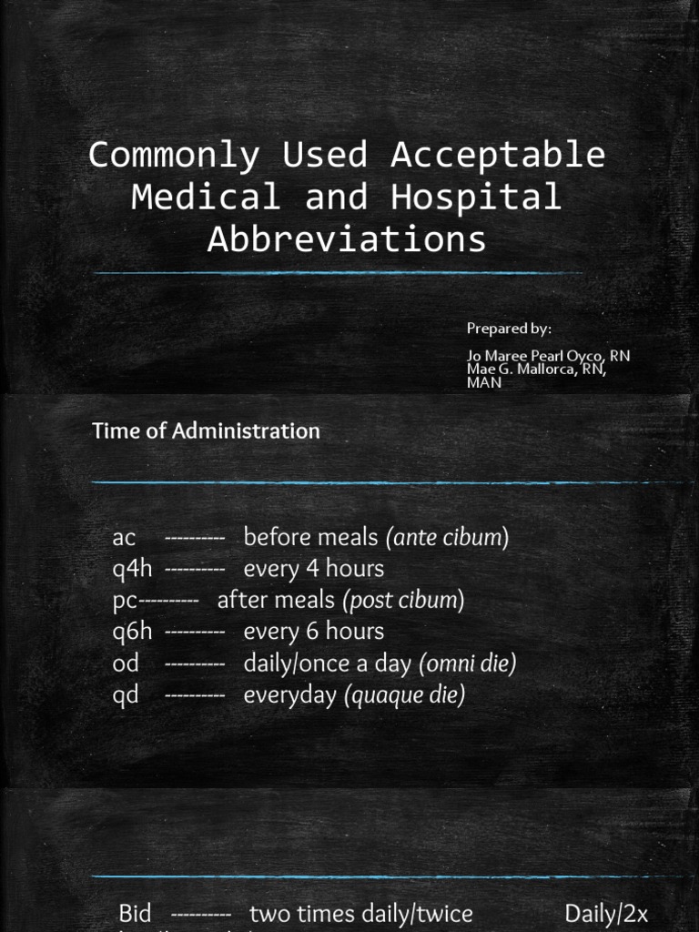 Commonly Used Acceptable Medical and Hospital Abbreviations 1 PDF ...