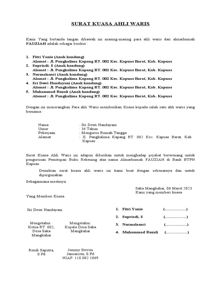 Surat Kuasa Ahli Waris | PDF