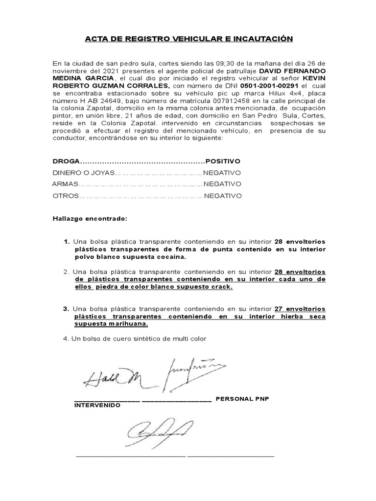 Acta de Registro Vehicular e Incautación | PDF