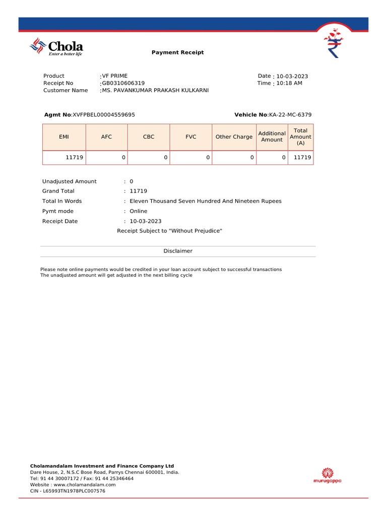 Payment Receipt: Cholamandalam Investment and Finance Company LTD | PDF