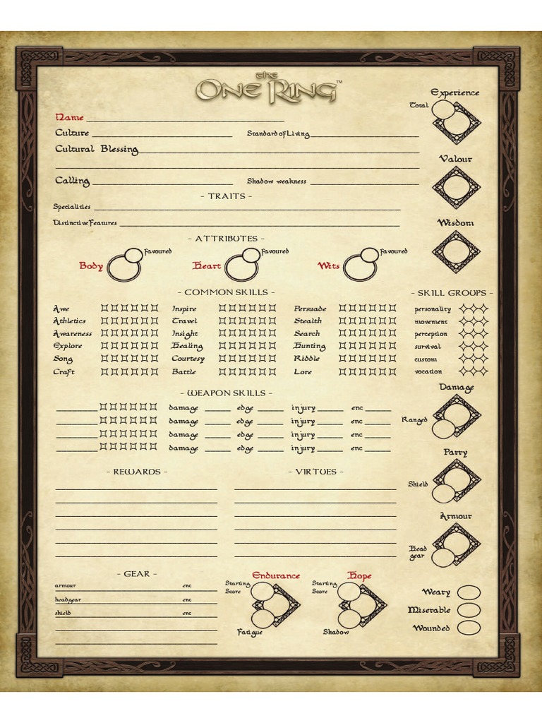 TOR RPG Character Sheet From Adventurers Book | PDF