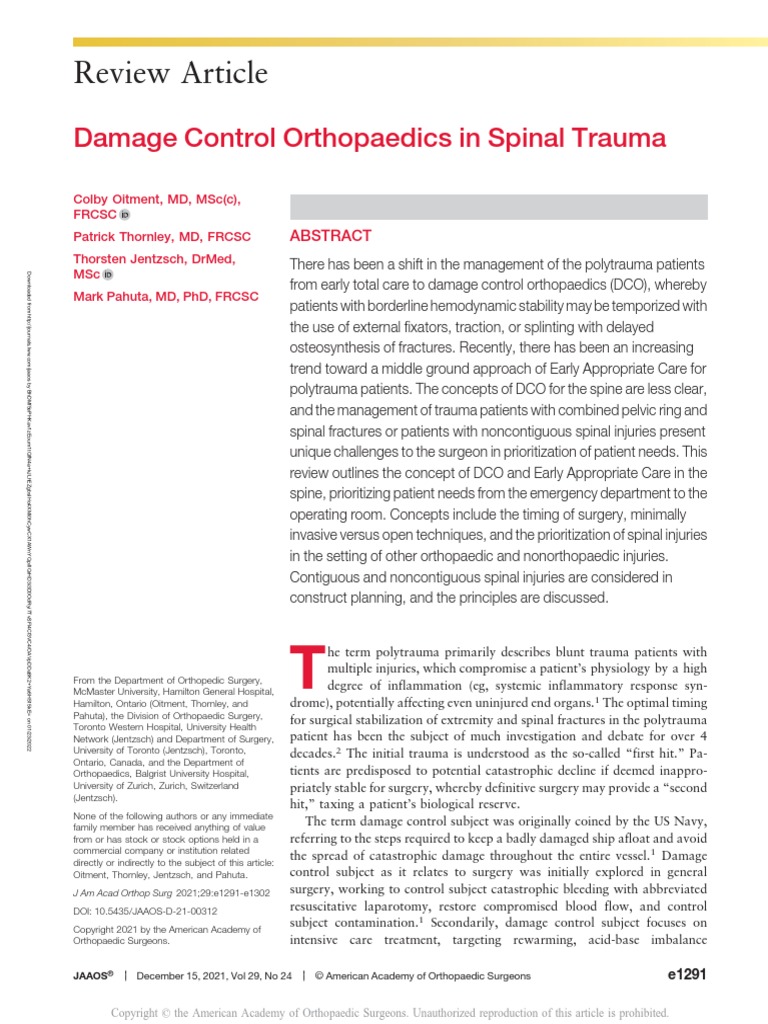 Damage Control Orthopaedics in Spinal Trauma JAAOS | PDF | Spinal Cord ...