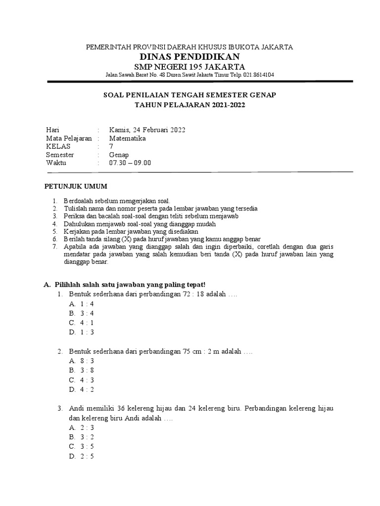 PTS Matematika Kelas 7 Genap - 2021-2022 | PDF | Metode & Bahan Ajar | Griya & Taman