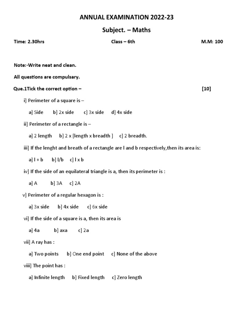 Annual - Examination - Class - 6th (1) (Repaired) 111 | PDF | Triangle ...
