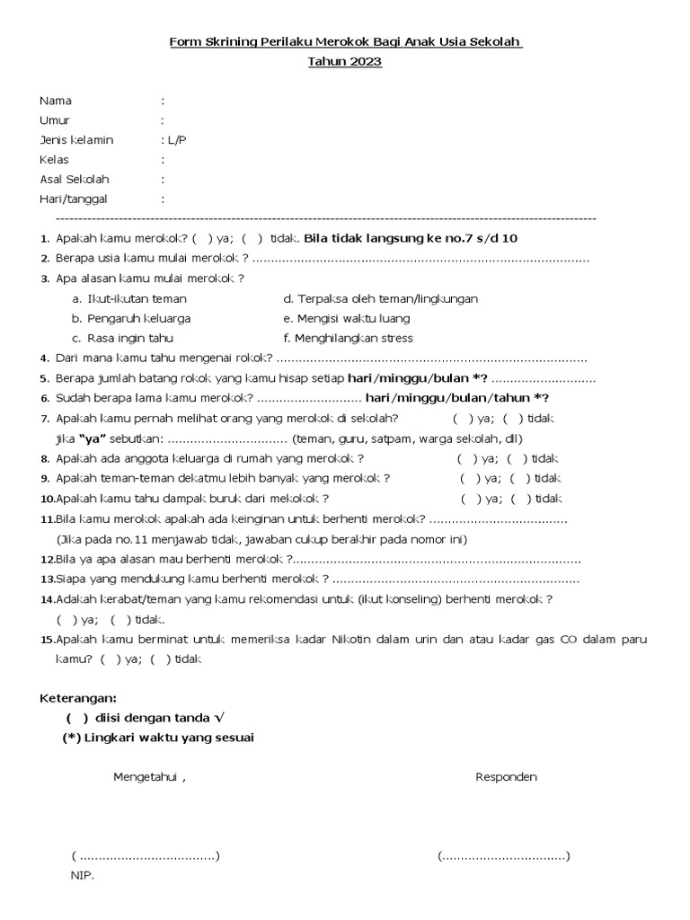Form Skrining Perilaku Merokok Bagi Anak Usia Sekolah | PDF ...