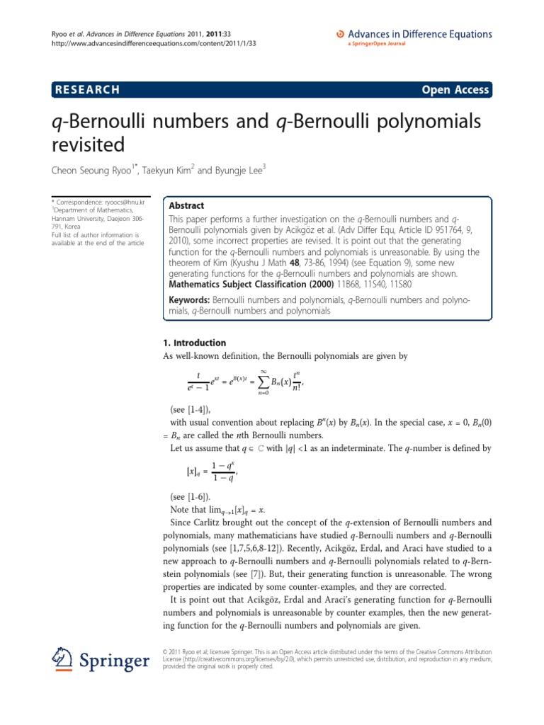 Q Bernoulli Numbers and Q Bernoulli Polynomials Revisited | PDF ... Q Bernoulli Numbers and Q Bernoulli Polynomials Revisited | PDF ...