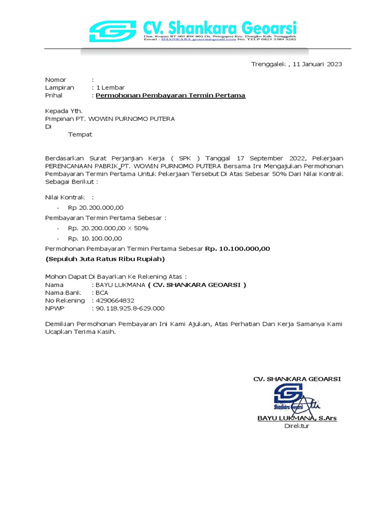 Surat Permohonan Pembayaran Termin 1 | PDF