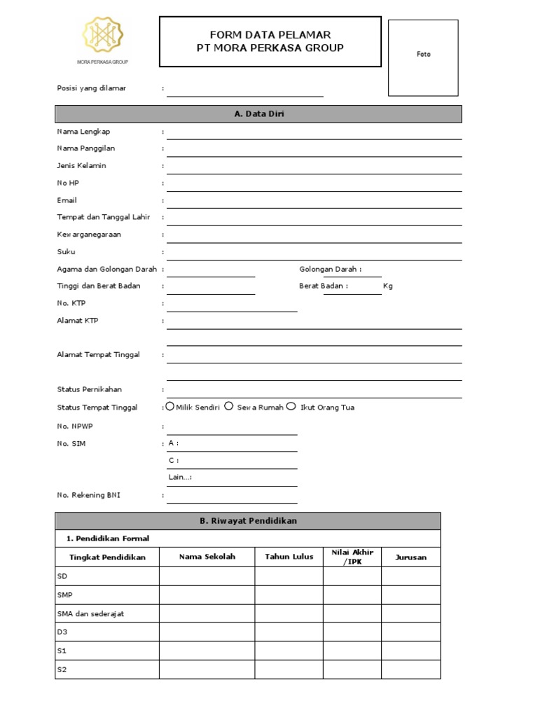 Form Data Pelamar Mora Perkasa Group PDF | PDF