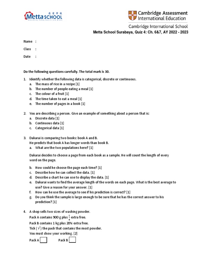 Quiz Ch. 6&7 Statistics & Fractions | PDF | Sampling (Statistics) | Categorical Variable
