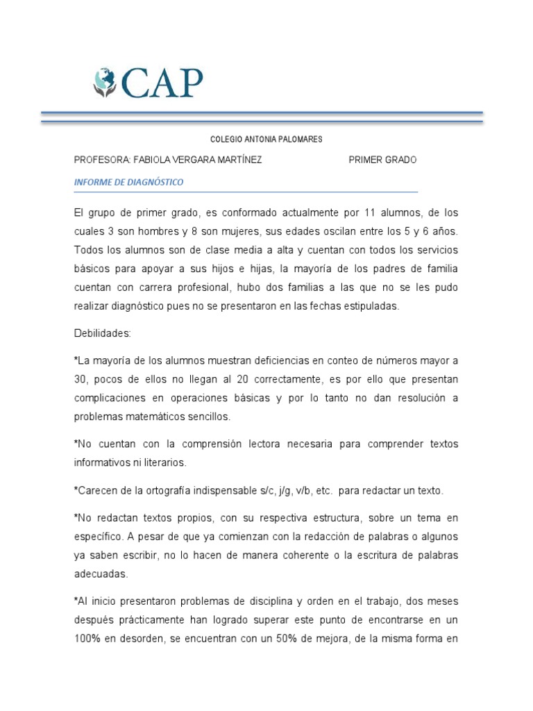 Informe Final de Diagnóstico, Primer Grado | PDF