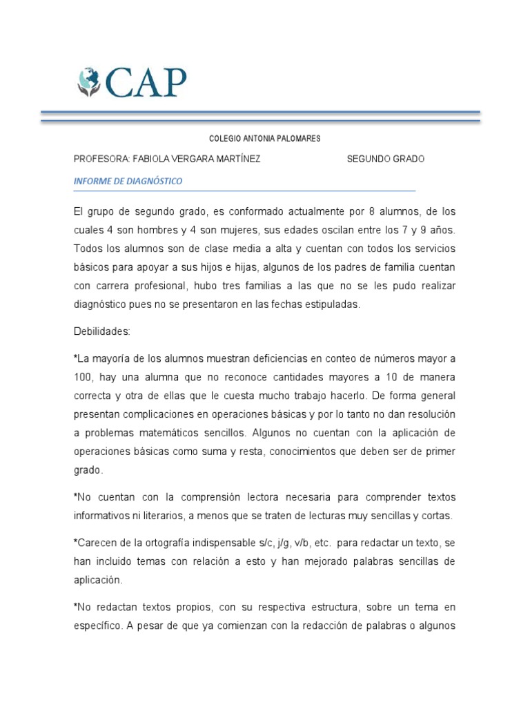 Informe Final de Diagnóstico, Segundo Grado | PDF | Comprensión lectora