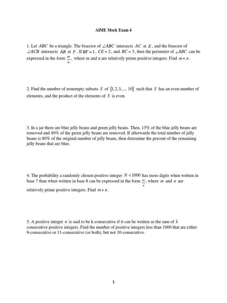 AIME Mock Exam 4 PDF | Download Free PDF | Arithmetic | Number Theory