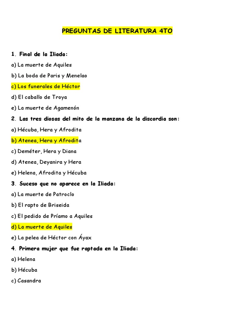 Preguntas de Literatura - Lenguaje 4to y 5to. - 1 | PDF | Ilíada | Aquiles