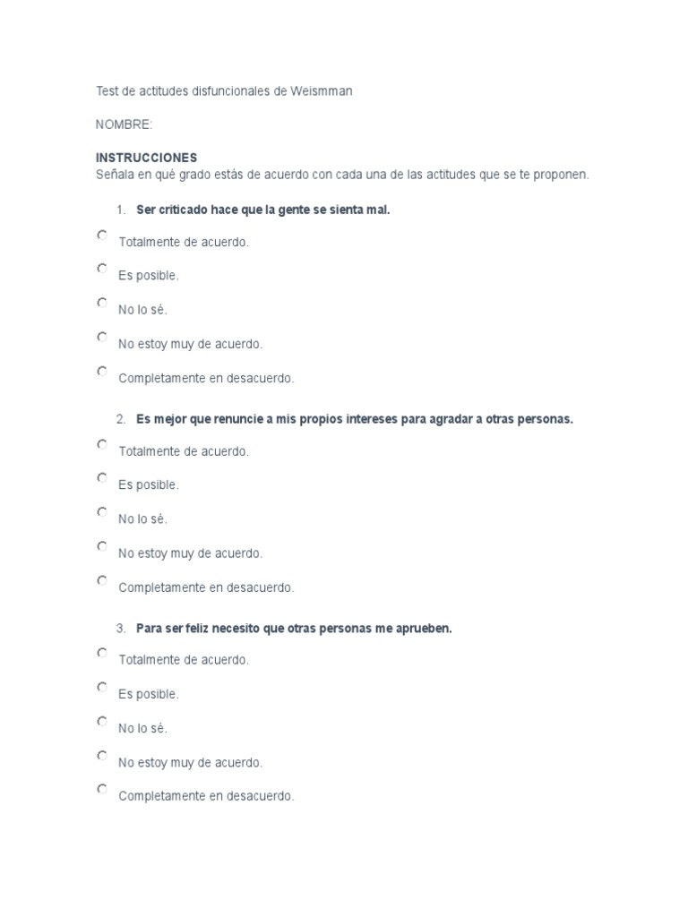 Test de Actitudes Disfuncionales de Weismman | PDF | Las emociones ...