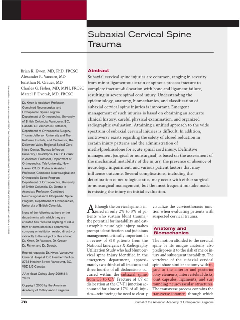 Subaxial Cervical Spine Trauma JAAOS | Download Free PDF | Spinal Cord ...