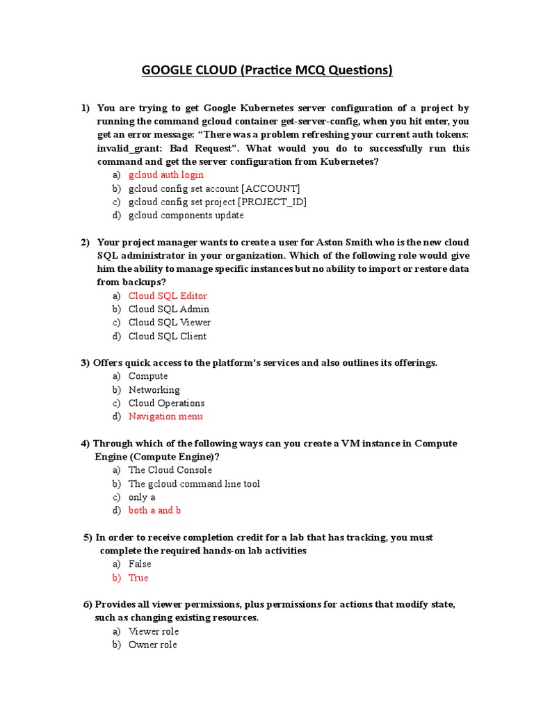 Google Cloud Sample MCQs | PDF | Cloud Computing | Command Line Interface