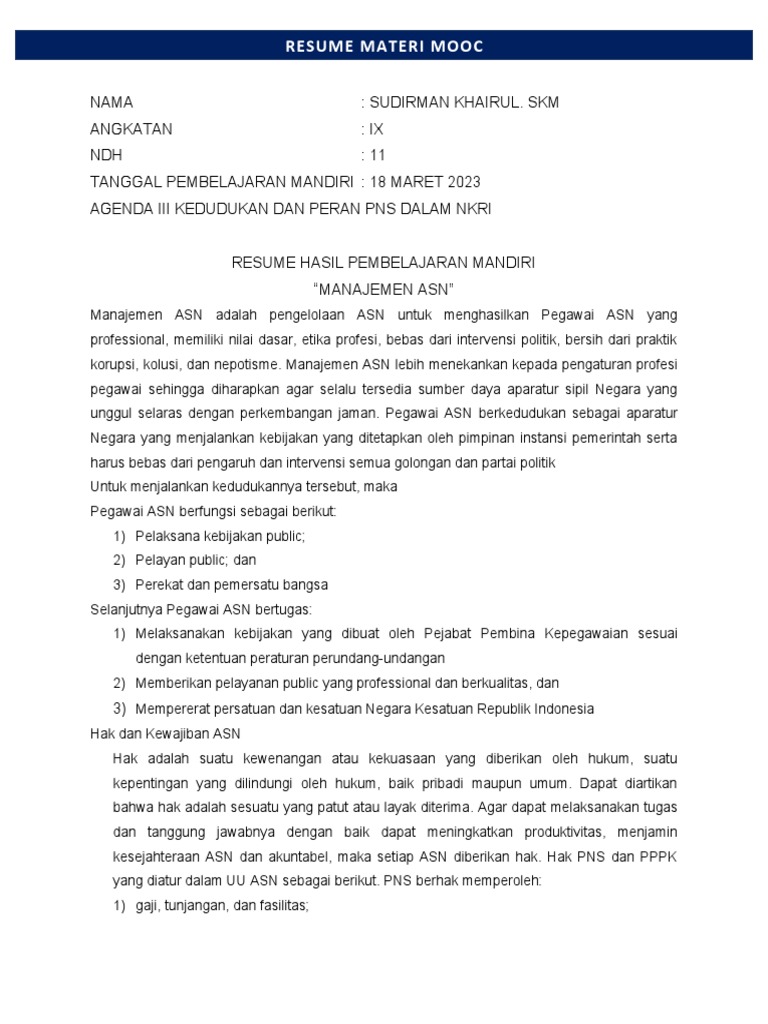 RESUME AGENDA III Materi 2 MANAJEMEN ASN | PDF