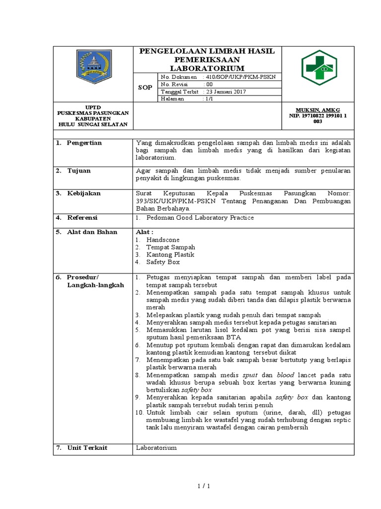 Sop Pengelolaan Limbah Hasil Pemeriksaan Laboratorium | PDF