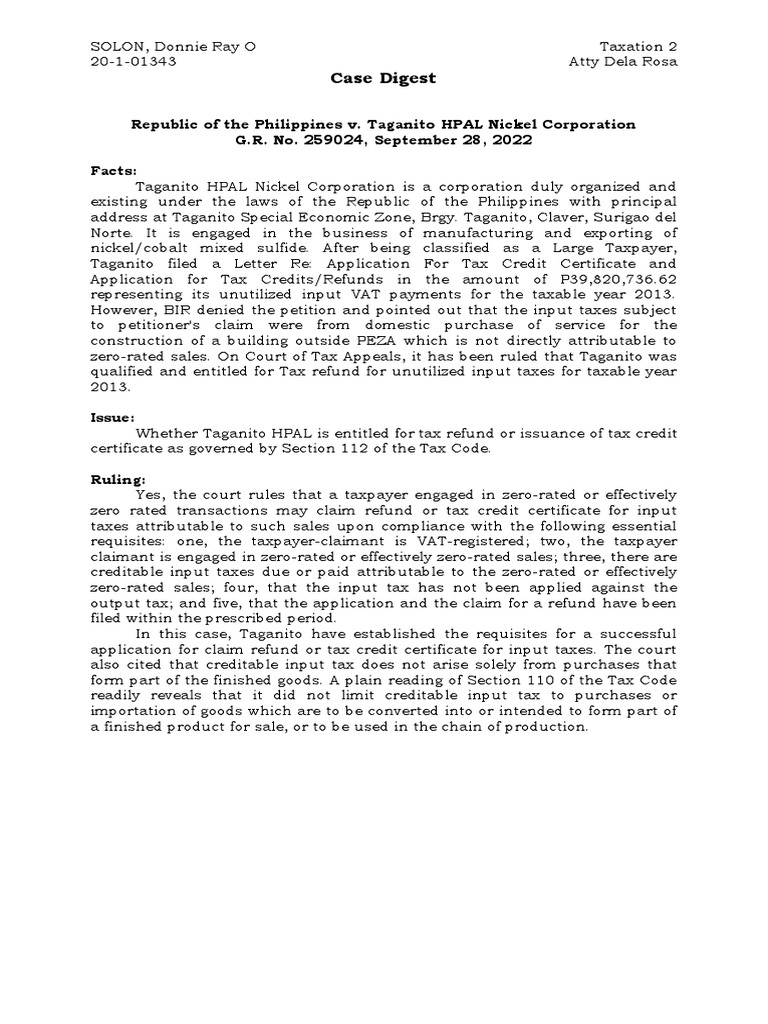 SOLON, Donnie Ray O - Taxation 2 Case Digest | PDF | Value Added Tax ... SOLON, Donnie Ray O - Taxation 2 Case Digest | PDF | Value Added Tax ...
