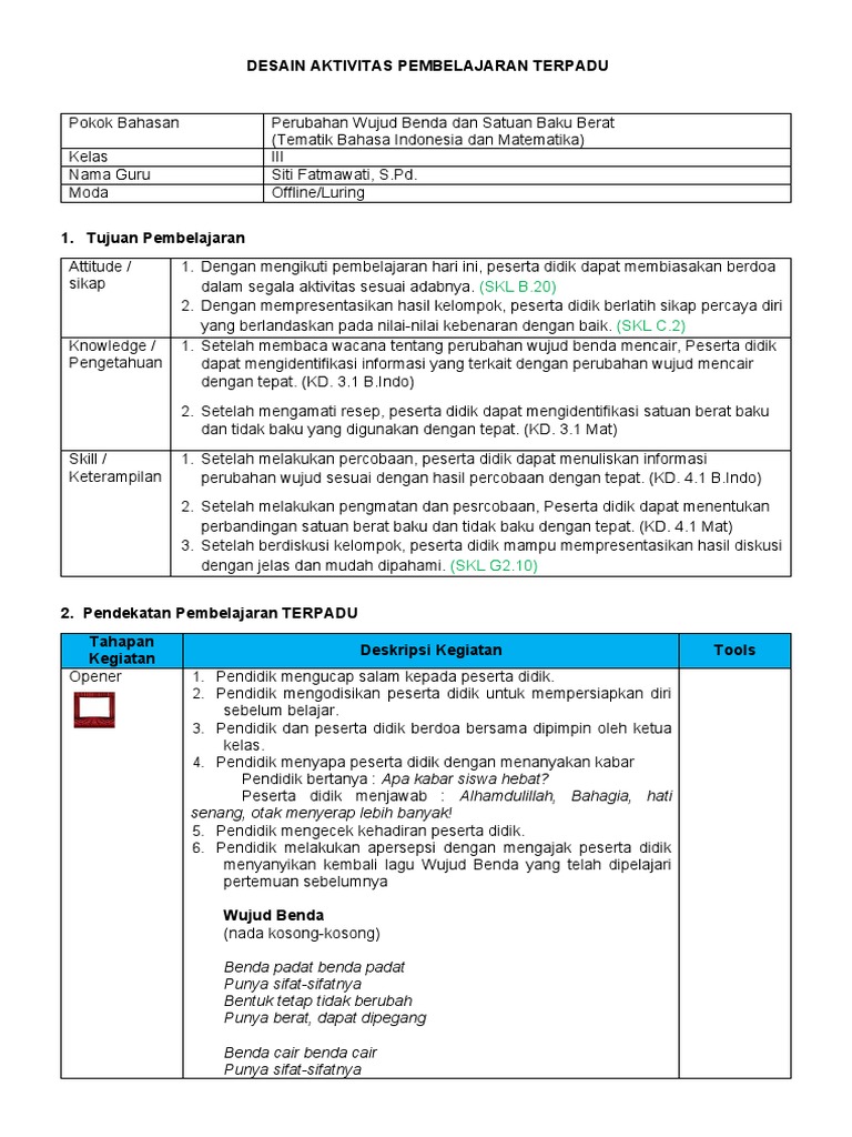 Contoh Desain Pembelajaran Terpadu | PDF