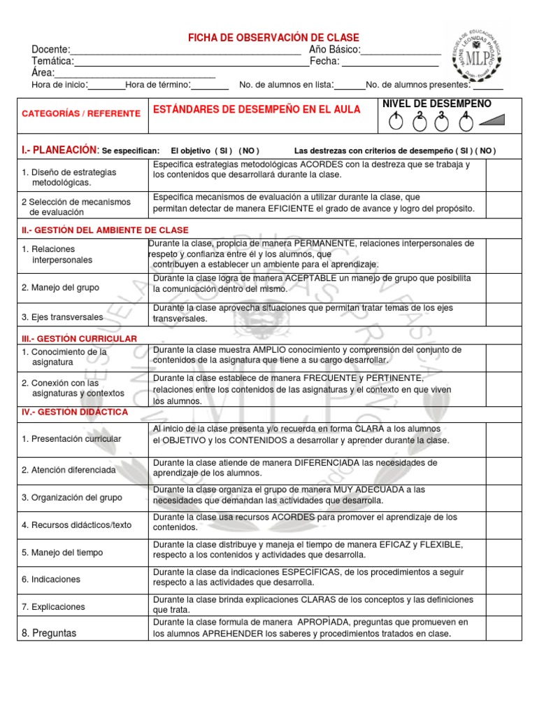Ficha de Observación de Clase | PDF | Evaluación | Maestros