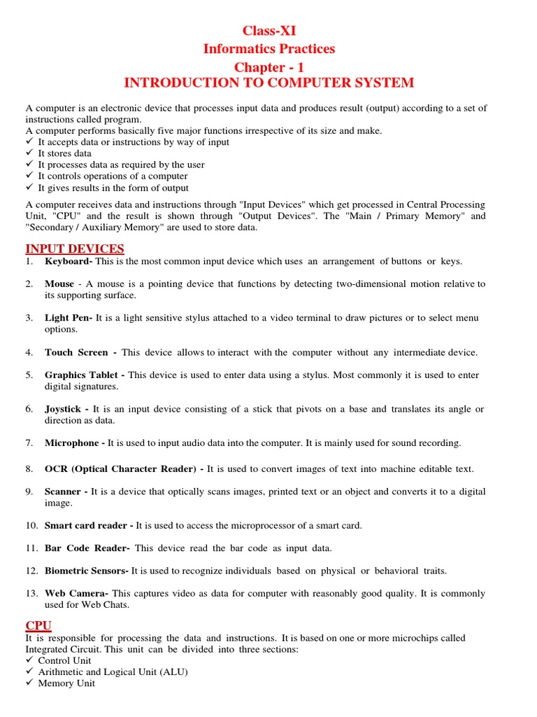IP Class-XI Chapter-1 NOTES | PDF | Computer Data Storage | Printer ...