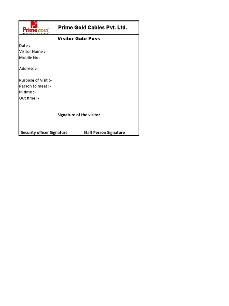 Visitor Gate Pass Format in Excel | PDF