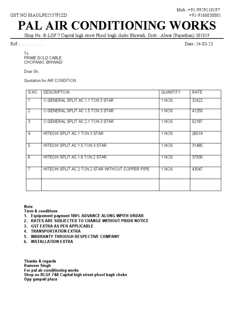 Air Condition Rate Quotation | PDF