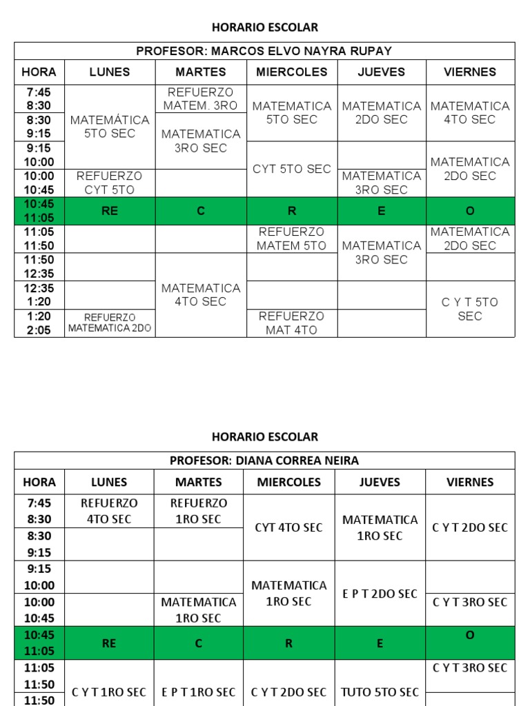 Horario Escolar de Profesores | PDF