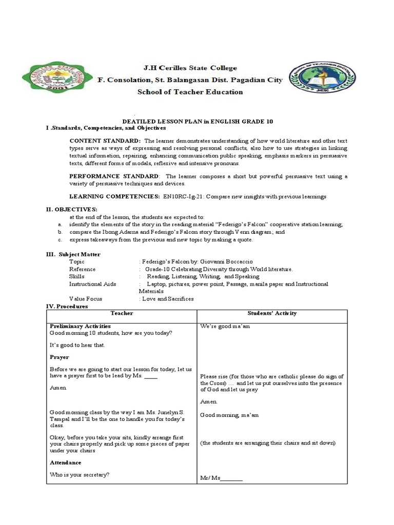 DEATILED LESSON PLAN in ENGLISH GRADE 10 | PDF | The Decameron | Lesson ...