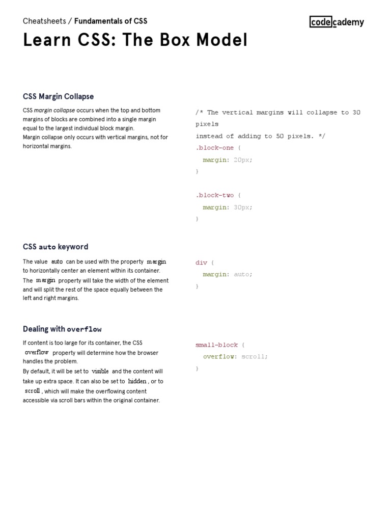 Fundamentals of CSS - Learn CSS - The Box Model Cheatsheet - Codecademy PDF | PDF | Computer ...