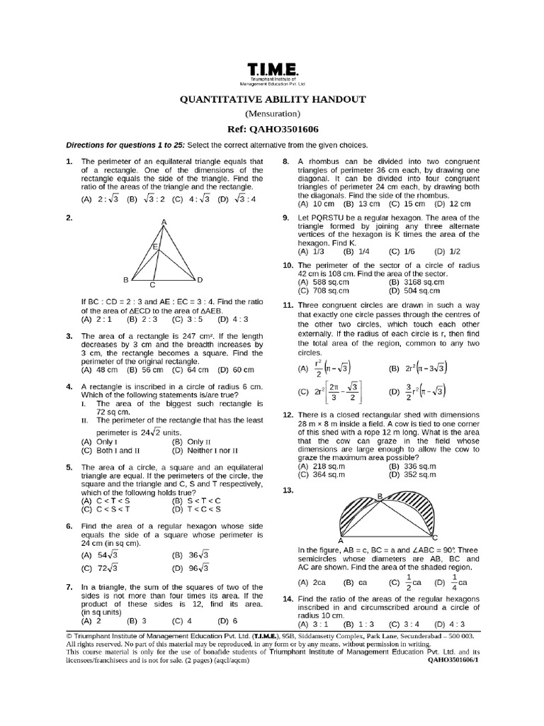 QAHO3501606 - Quantitative Ability Handout (Mensuration Practice) | PDF