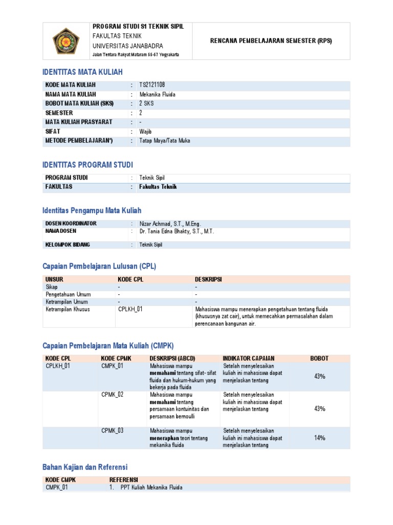 00. 2022_RPS-OBE_MEKANIKA FLUIDA_Tania Edna Bhakty_CPMK 3 | PDF