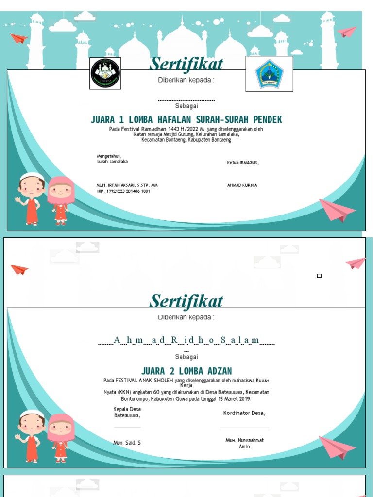 Sertifikat Lomba Anak Sholeh | PDF