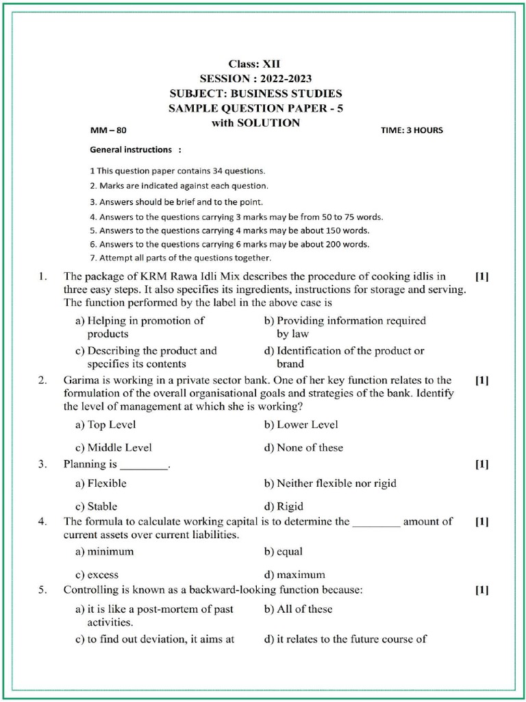 Business Studies 2023 Set - 5 | PDF