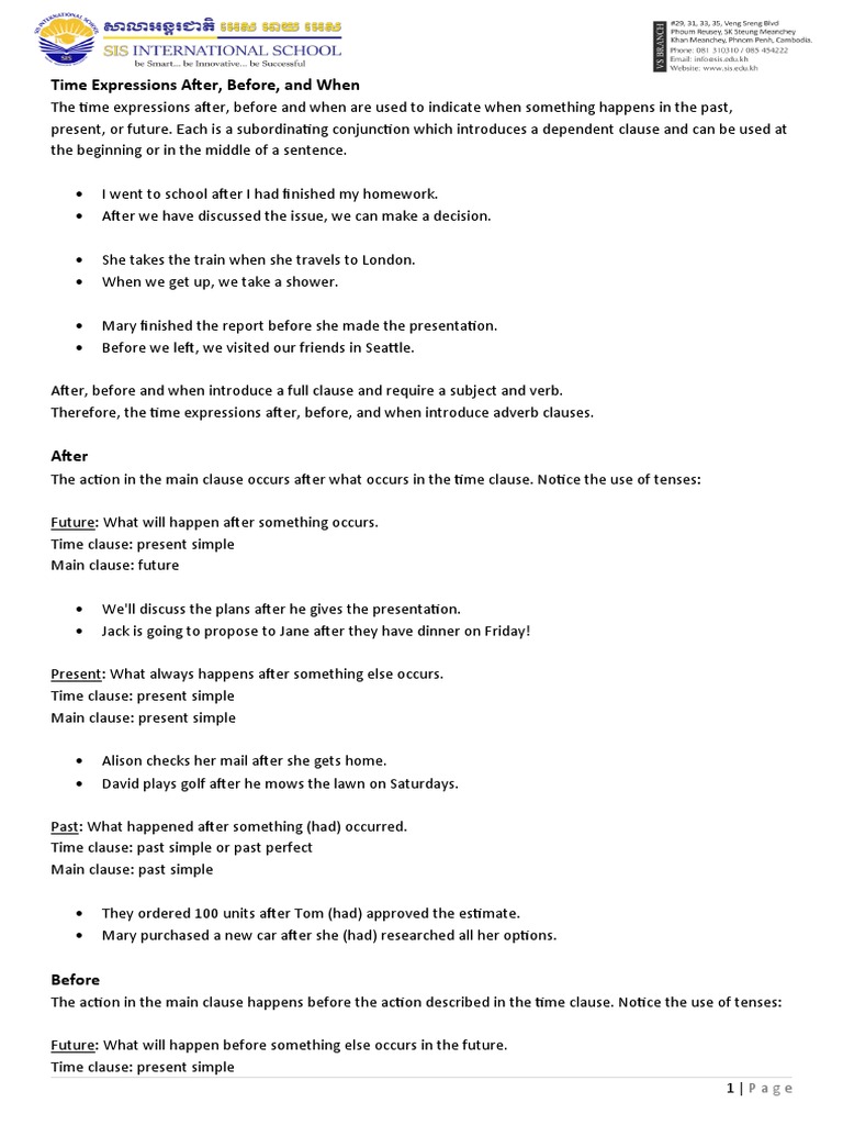 Time Expressions After | PDF | Clause | Grammatical Tense