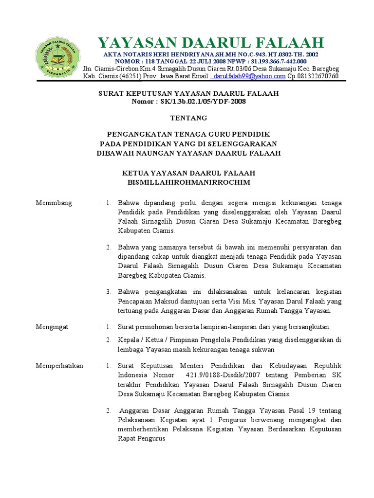 SK Pengangkatan Tenaga YDF | PDF