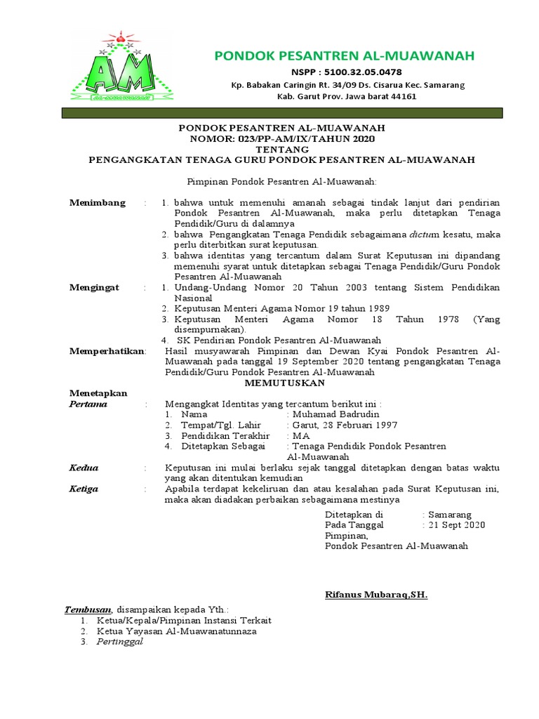 SK Pengangkatan Guru Pesantren - 013631 | PDF