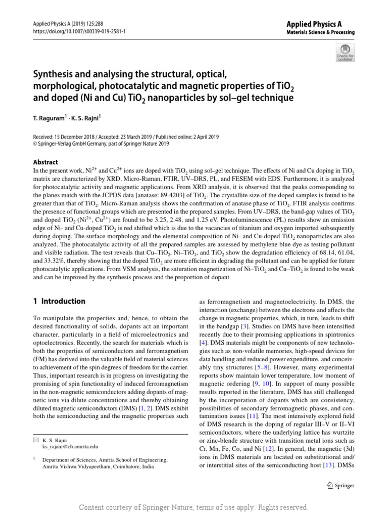Synthesis and Analysing The Structural, Optical, Morphological, Photocatalytic and Magnetic ...
