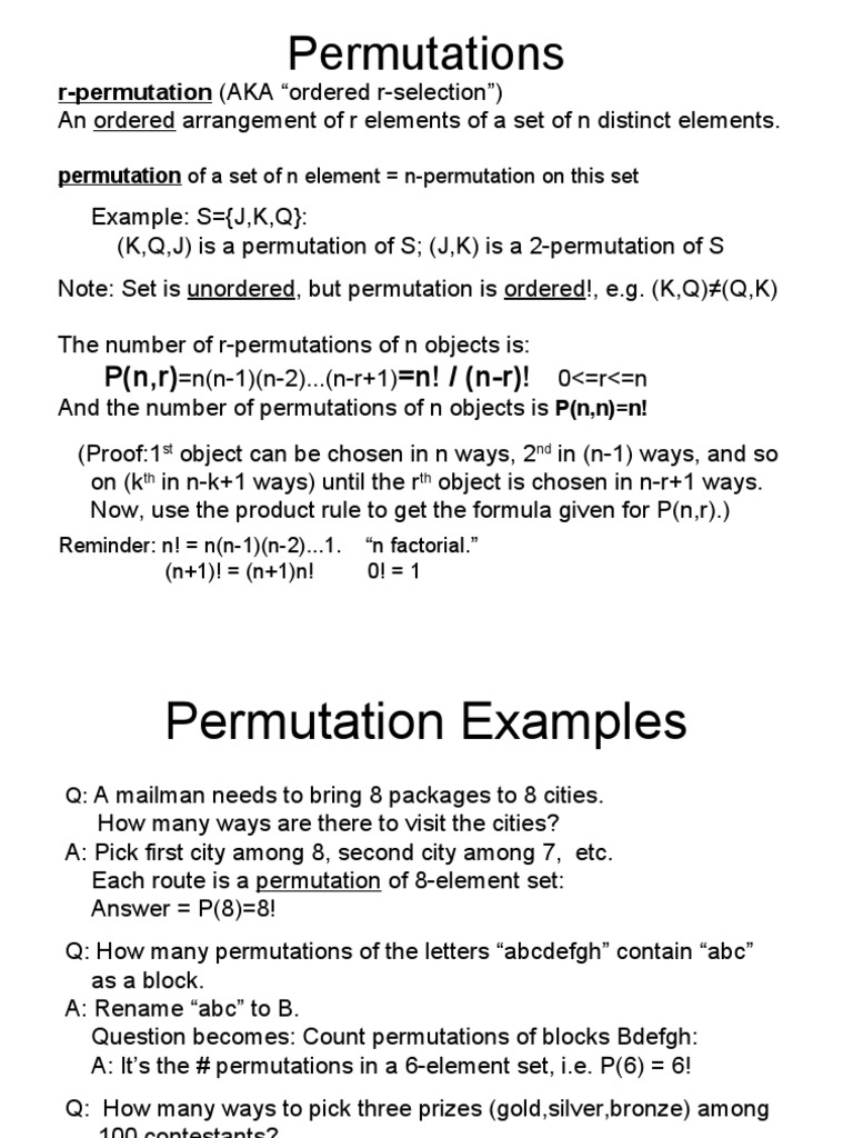 Permutations: P (N, R) N! / (N-R) ! | PDF | Permutation | Algebra