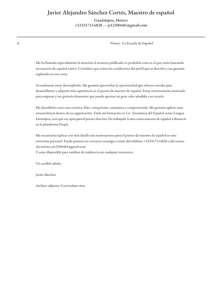 Javier Alejandro Sánchez Cortés - Cover Letter | PDF